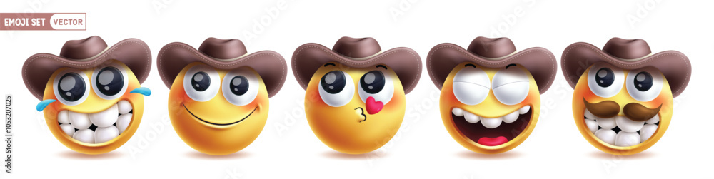 Emoji cowboy emoticon character vector set. Emojis emoticon characters ...