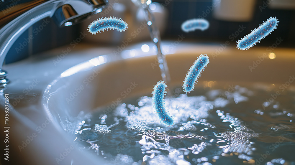 Close-up of bacteria icons floating around a public restroom sink and ...