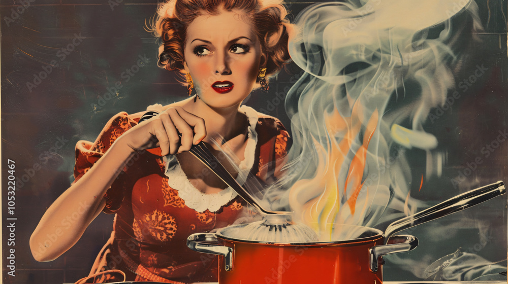 Retro housewife cooking disaster in fire kitchen, vintage 1950s ...