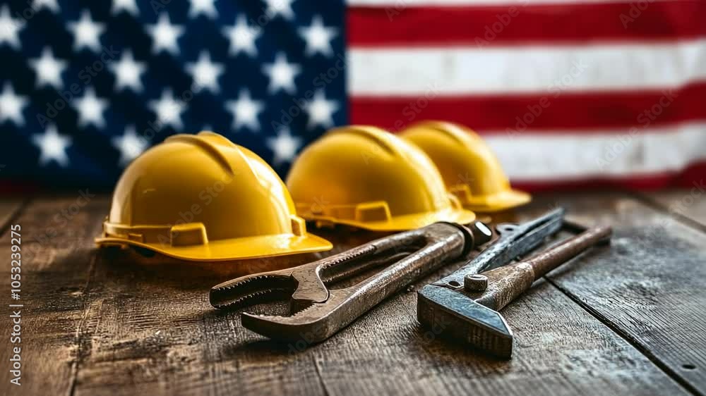 Labor Day Hard Hat and Tools on American Flag Background, USA, Hard ...