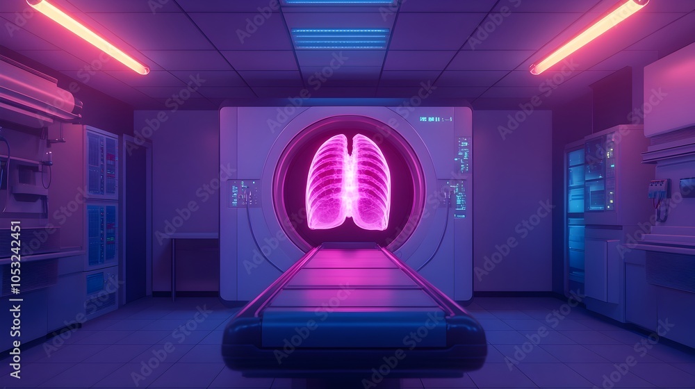 Futuristic X Ray Scanner in Neon Lit Medical Room with Holographic Data ...
