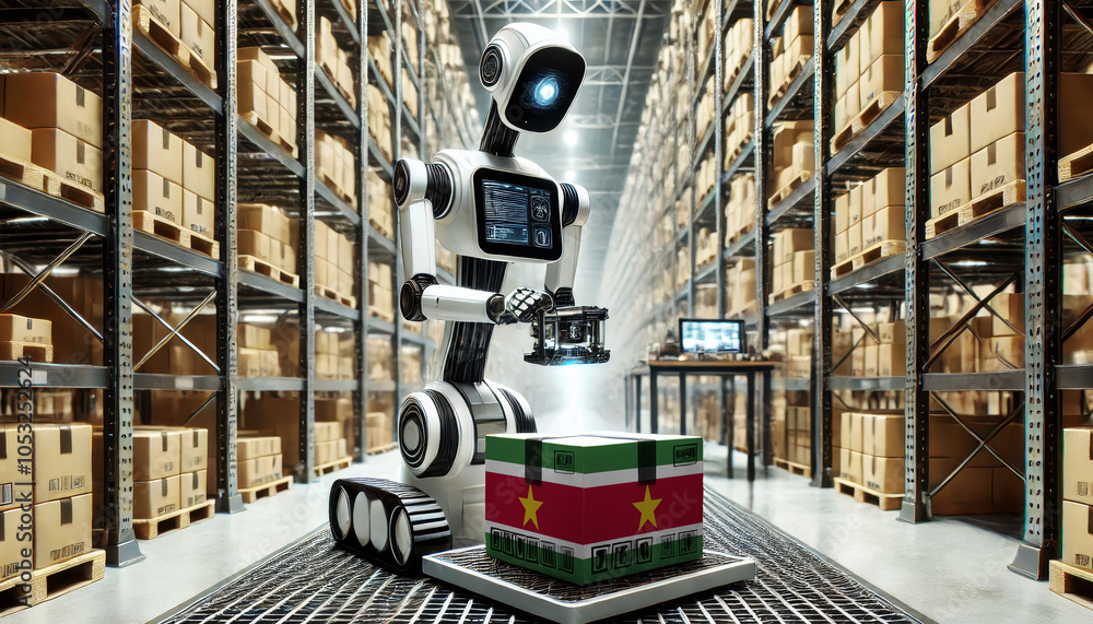 A robot in a large warehouse interacts with a package wrapped in the ...