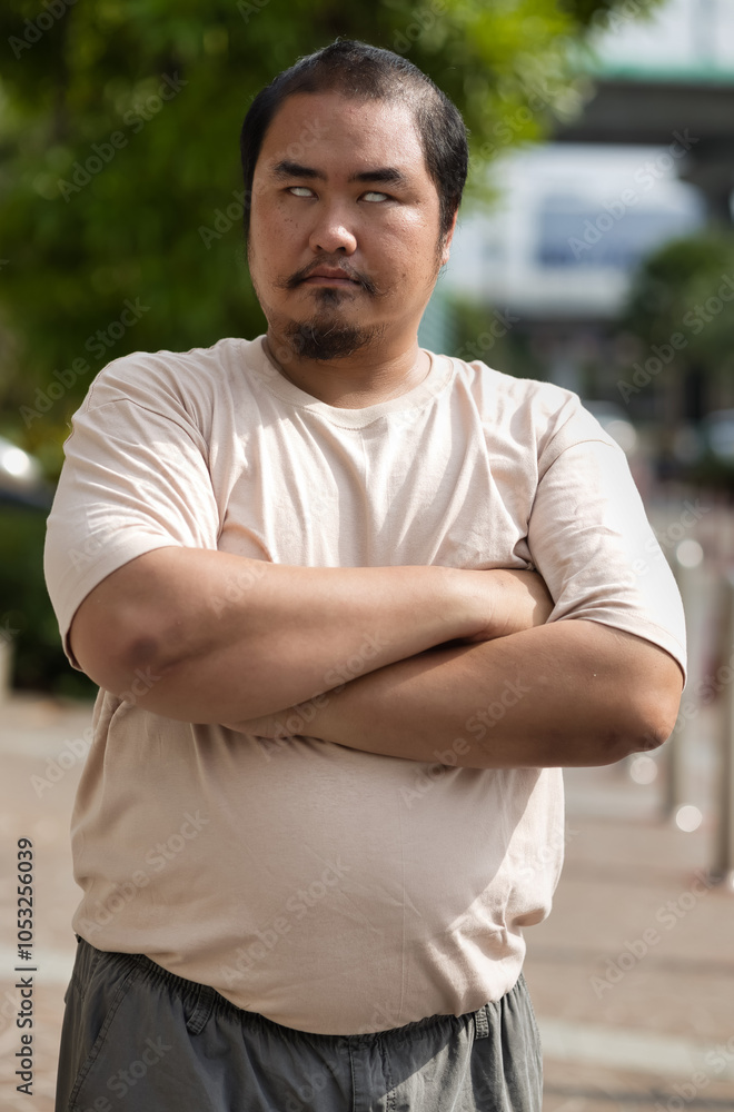 Confident blind man, visual-impaired middle aged asian man crossing arm ...