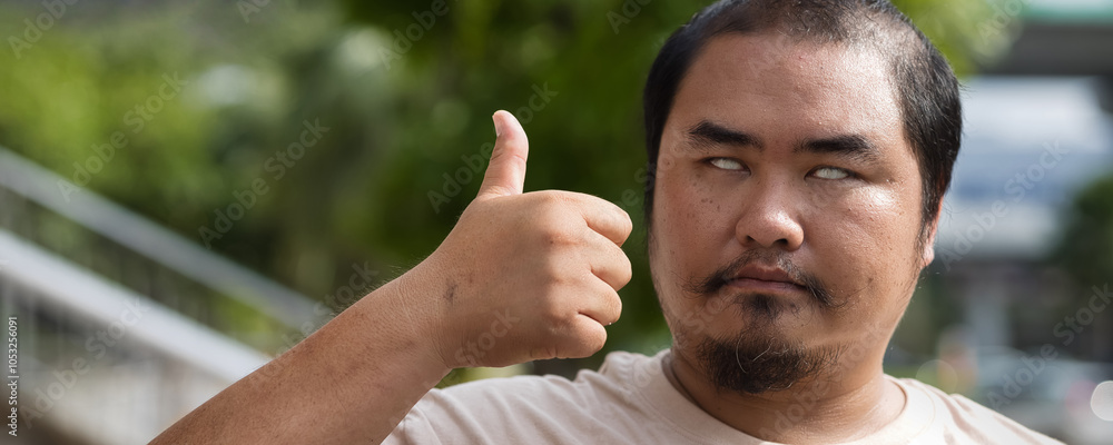 Confident blind man, visual-impaired middle aged asian man giving thumb ...