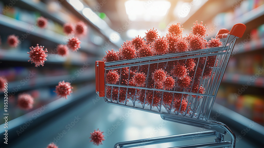 Conceptual image of bacteria on a shopping cart handle, symbolizing ...