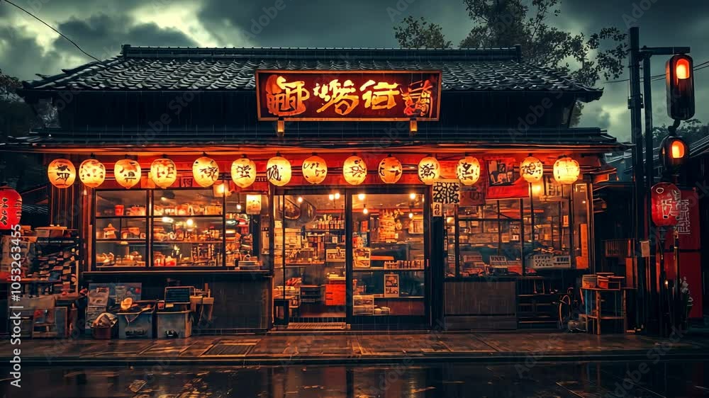 Traditional Japanese Store in Rainy Night, shop, storefront, building ...