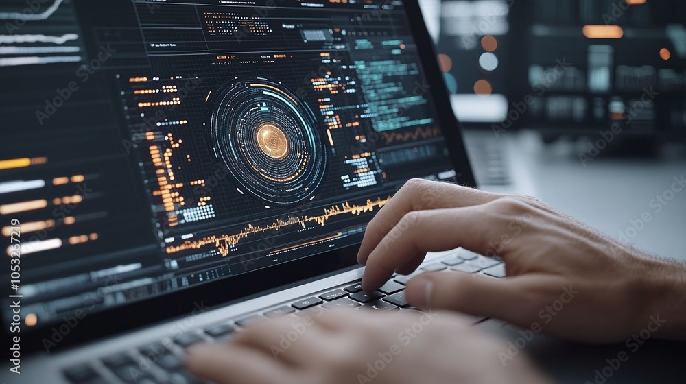 Fingers tapping on a laptop touchpad, with a screen full of performance ...