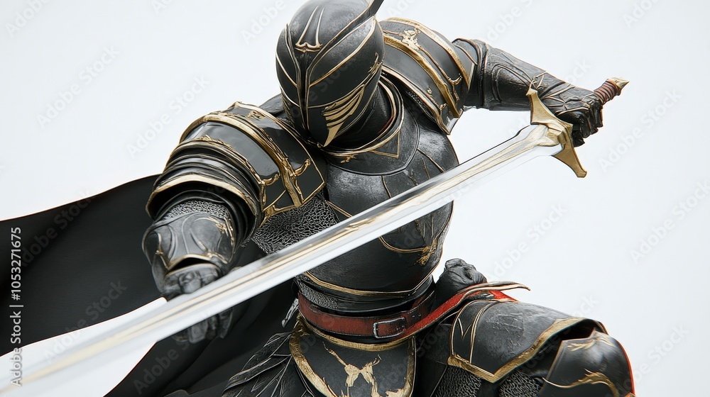 Valiant Warrior in Gleaming Obsidian Armor Wielding a Mighty Sword ...