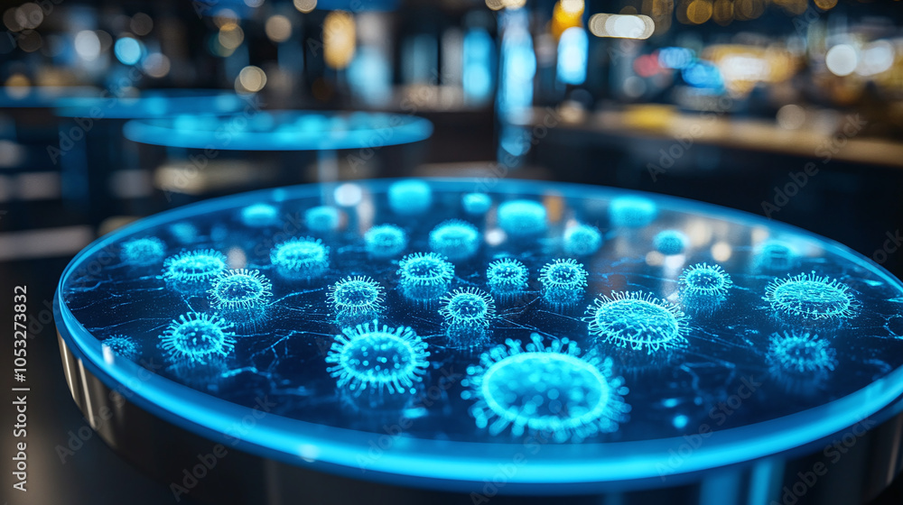 Depiction of bacteria icons on a table at a food court, illustrating ...