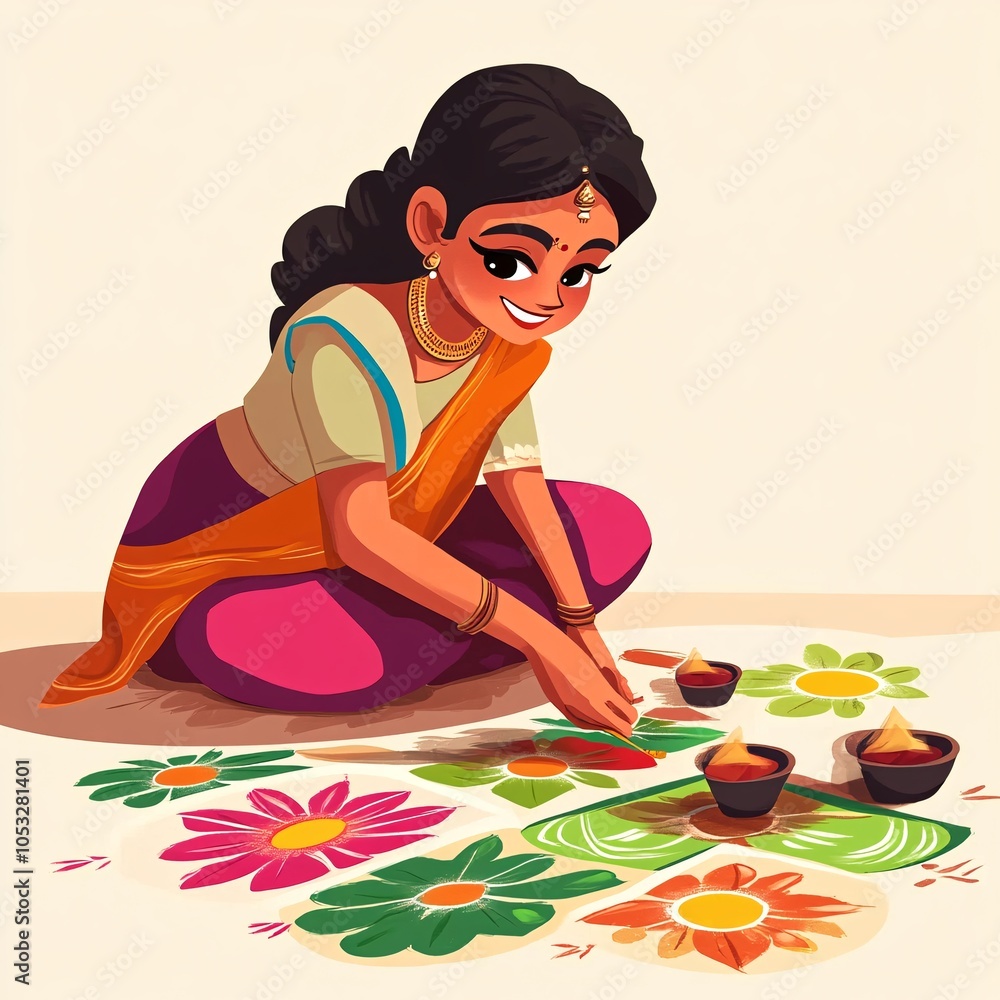 An Indian cartoon woman in a saree, making rangoli designs Stock ...