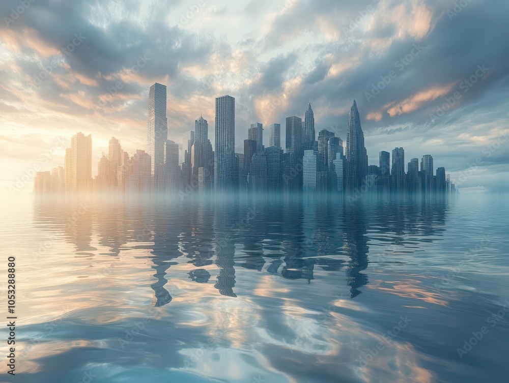 A city skyline submerged partially under water due to rising sea levels ...