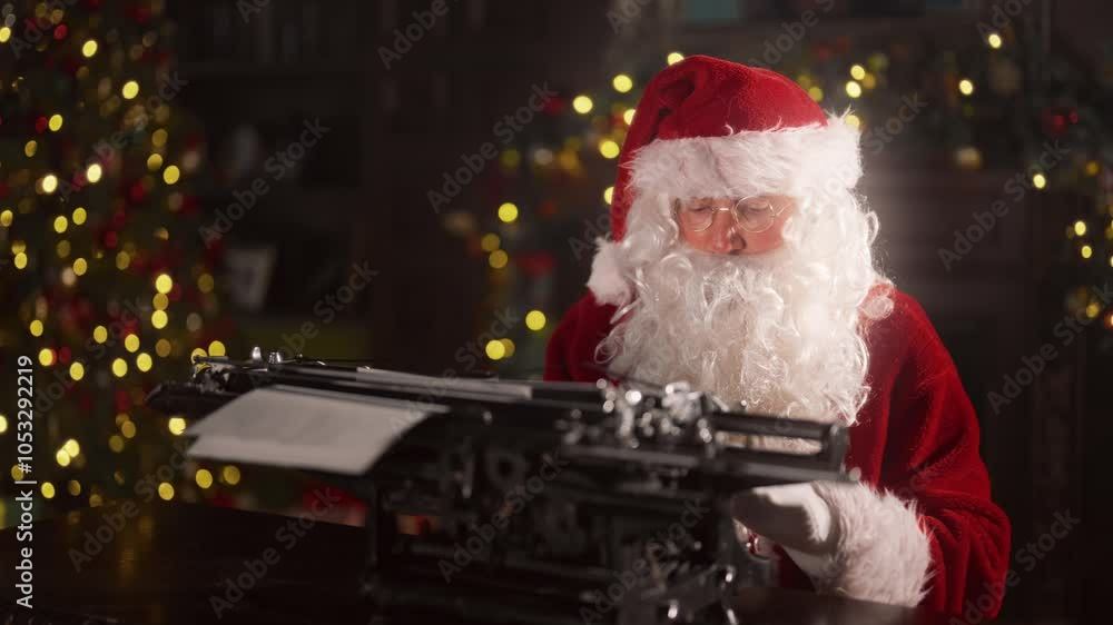 Magic and mystery, Santa using old typewriter in Christmas eve, writing ...