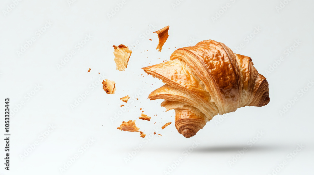 Crumbling Croissant: A fresh, golden brown croissant suspended in mid ...