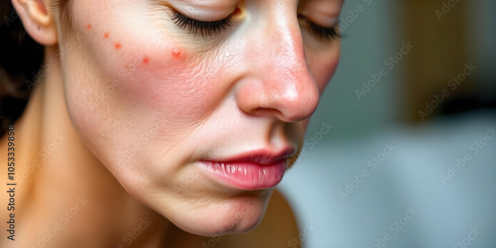 Skin disease red spots on the cheeks, neck and chin of women Stock ...