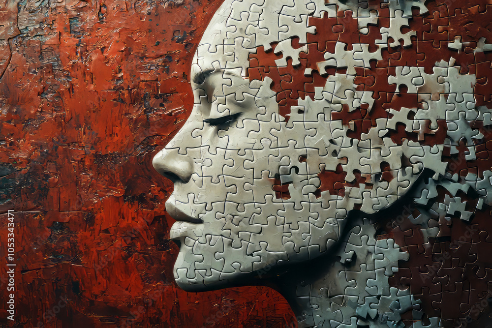 Puzzle Piece Portrait: Abstract Human Head in 2D Form on Dark Cayenne ...