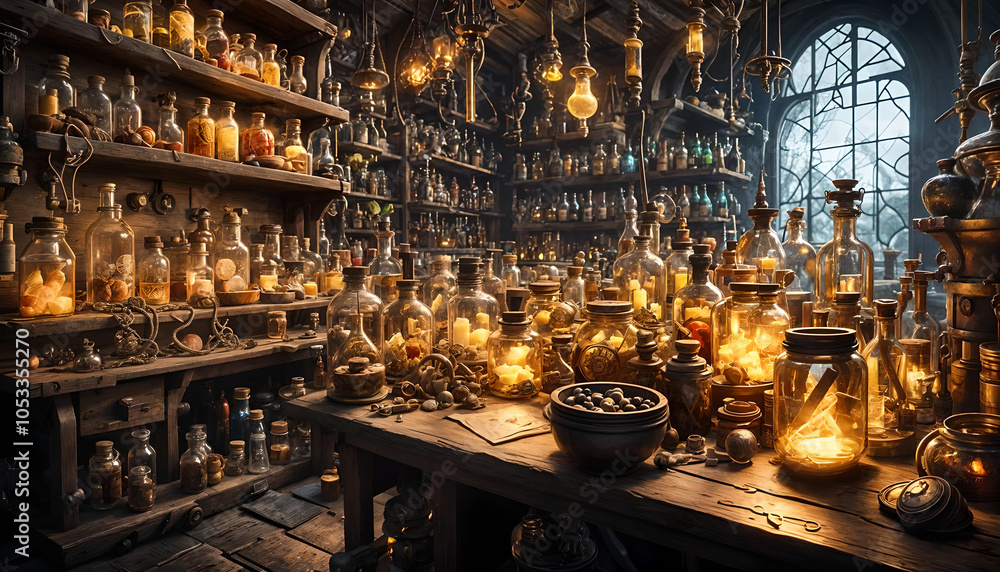 Alchemist workshop. A strange and creepy room with cabinets of ...