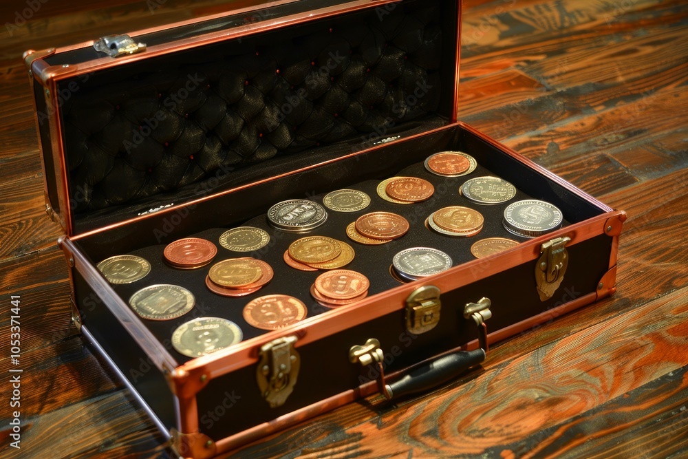 Suitcase is open and revealing commemorative coins inside, promising ...
