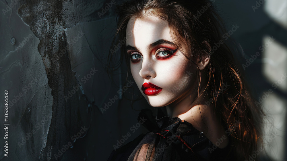 Vampire-inspired Halloween makeup with pale skin, dark eyeshadow, red ...