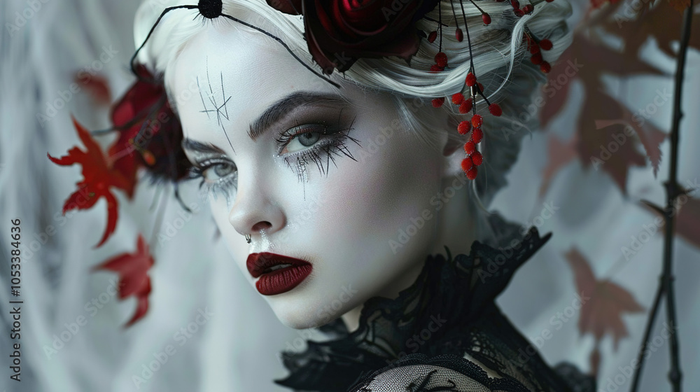 Vampire-inspired Halloween makeup with pale skin, dark eyeshadow, red ...