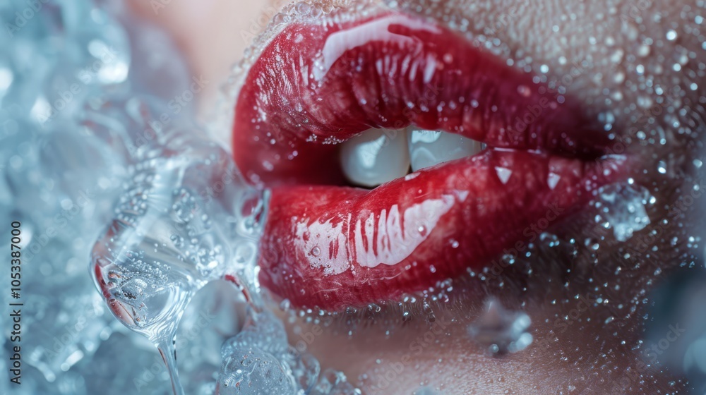 Close-up of glossy red lips adorned with water droplets and surrounded ...