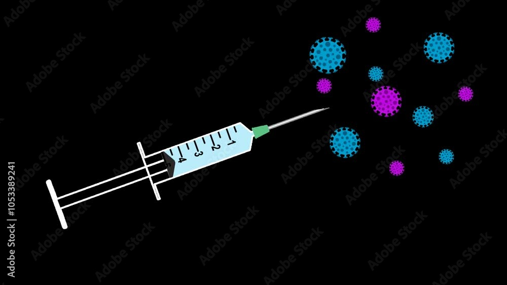 Animated syringe with injection and hovering tiers. Isolation on a ...