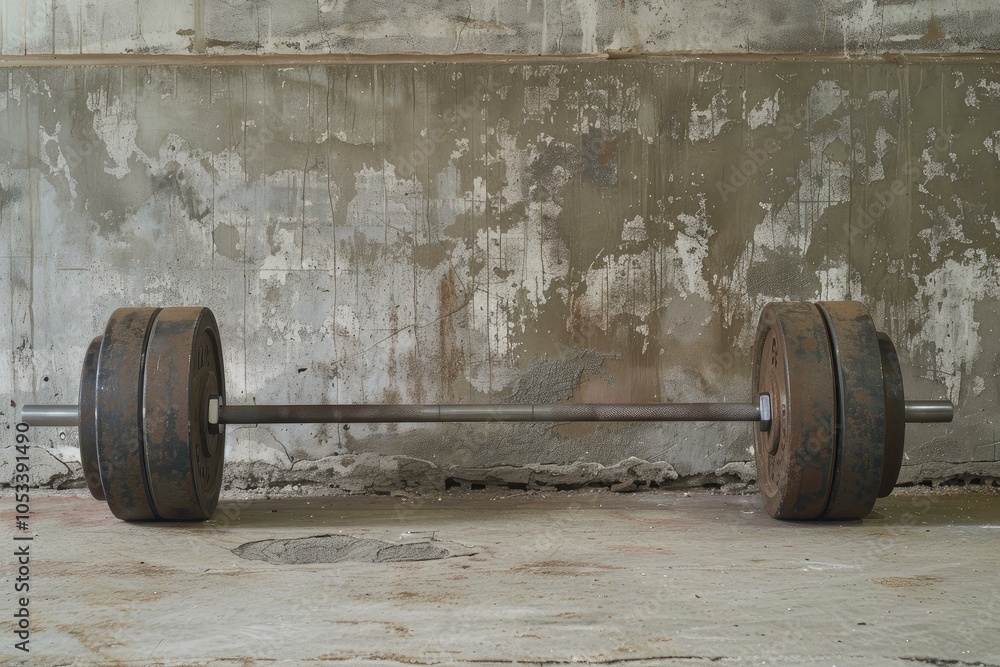 Old rusty barbell is lying on the floor of an abandoned gym, evoking a ...