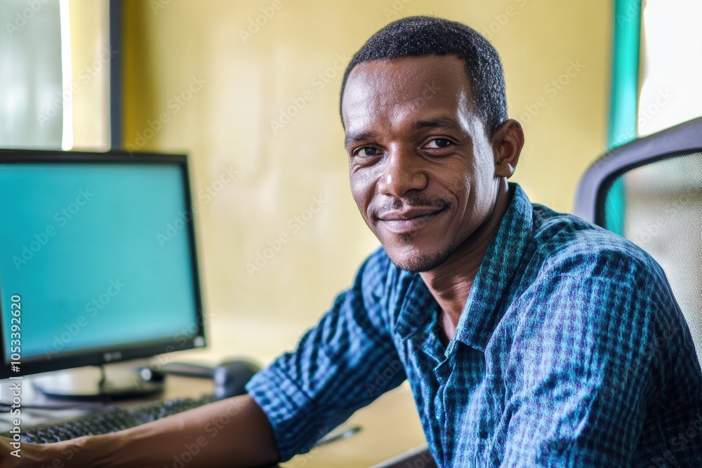 Portrait of a Guyanese Man at Work: Smiling, Wearing a Blue Checkered ...