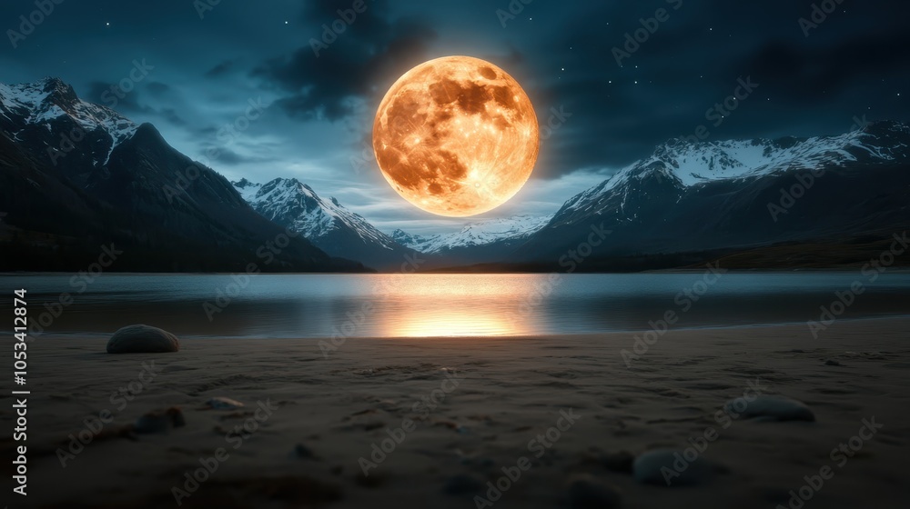 A majestic full moon illuminates the serene, calm landscape of ...