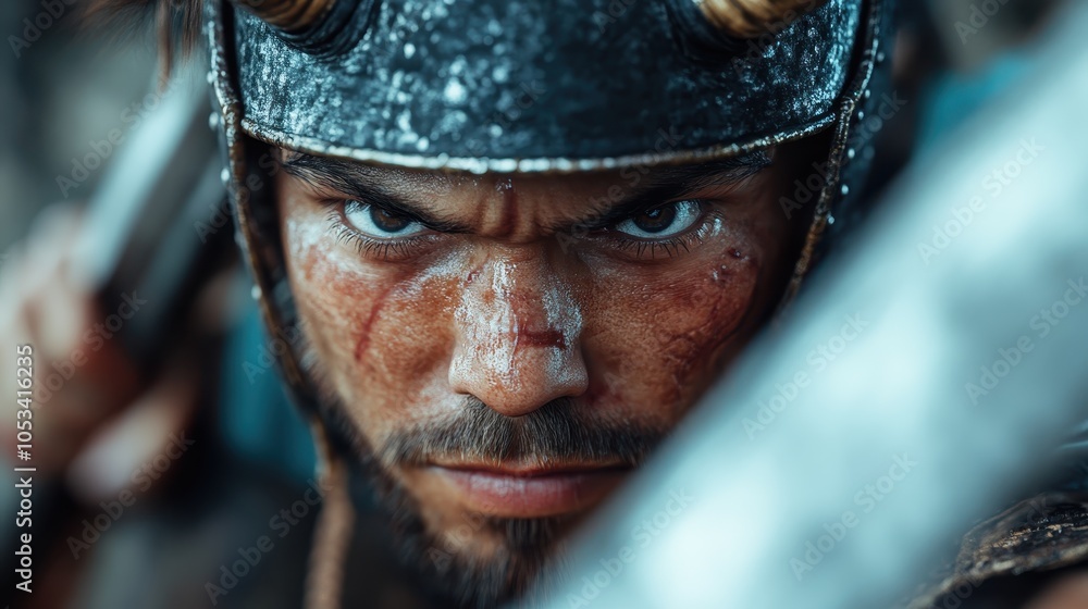 A warrior with a horned helmet and battle-worn face intently stares ...