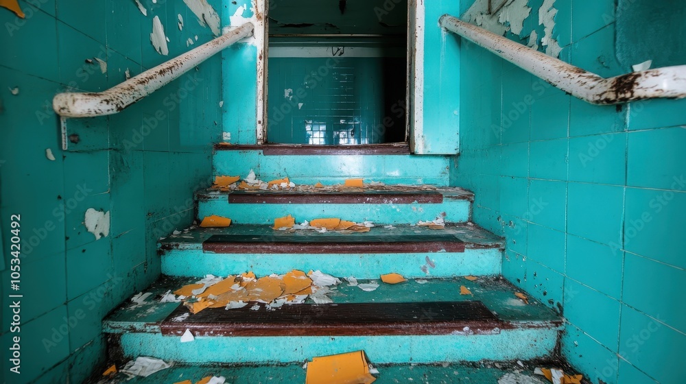 A dilapidated staircase leading to a mysterious upper level, found ...