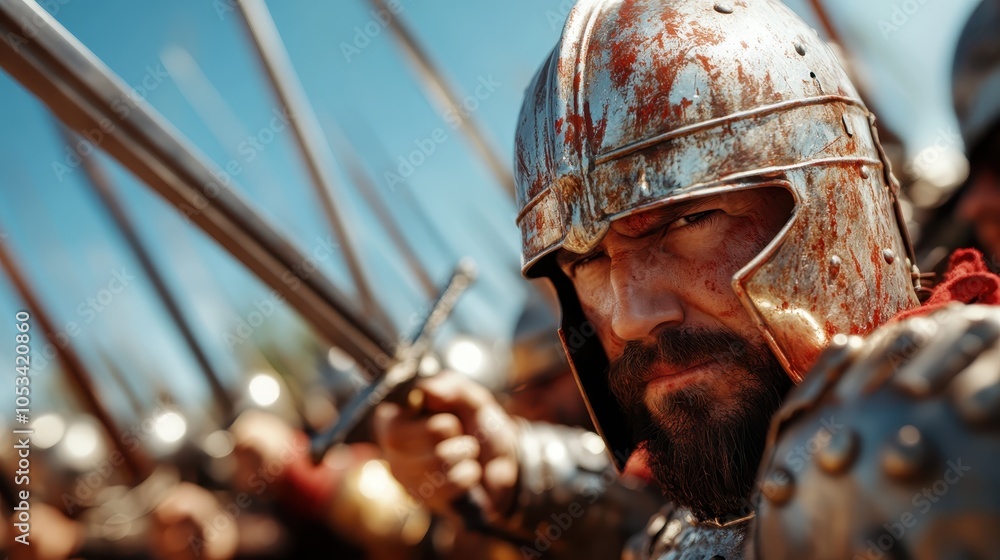 A determined medieval knight with battle scars wears a blood-stained ...