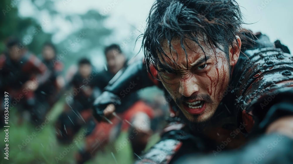 An intense image of a determined samurai warrior charging forward ...