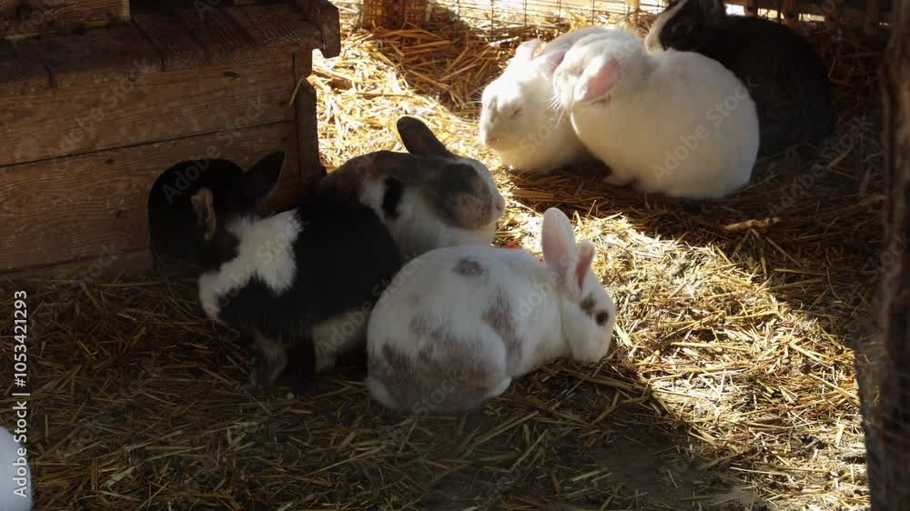Cute fluffy rabbits in the aviary. Decorative farm rabbits are resting ...