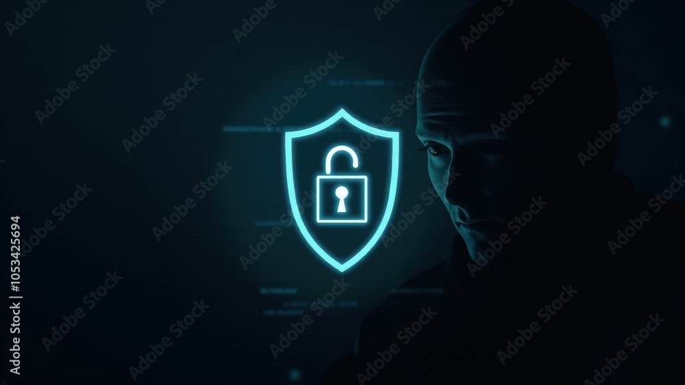 Glowing digital shield icon with a padlock symbol in a secure interface ...
