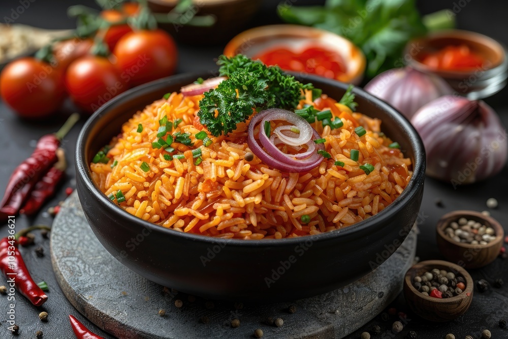 A delicious Nigerian jollof rice with tomatoes, onions, and spicy ...