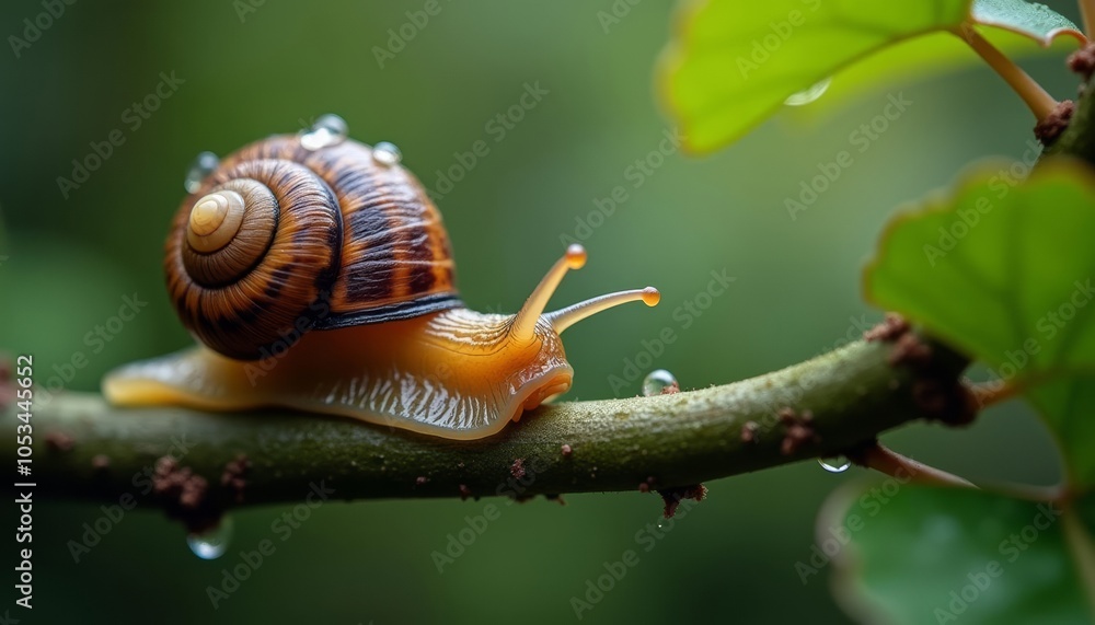 Slow and steady wins the race A snails journey on a leafy branch Stock ...