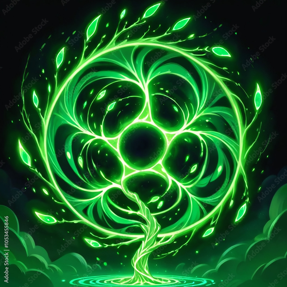 A stylized glowing green tree with leaves, branches, and roots forming ...