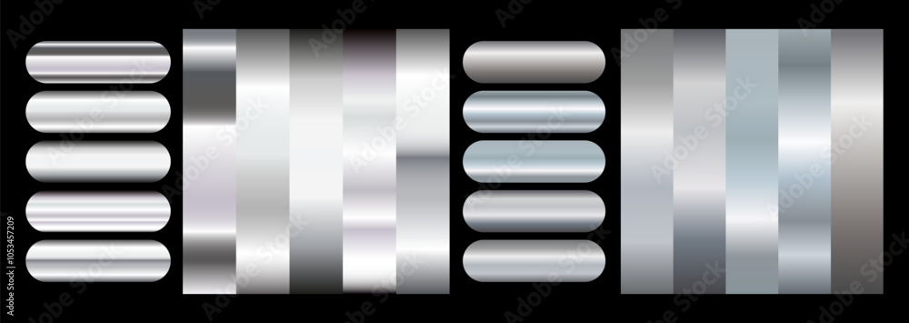 Silver texture gradient background big vector set. Metallic design for frames, banners and ...