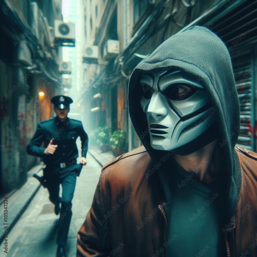 A masked figure flees from a pursuing police officer in a narrow, urban ...