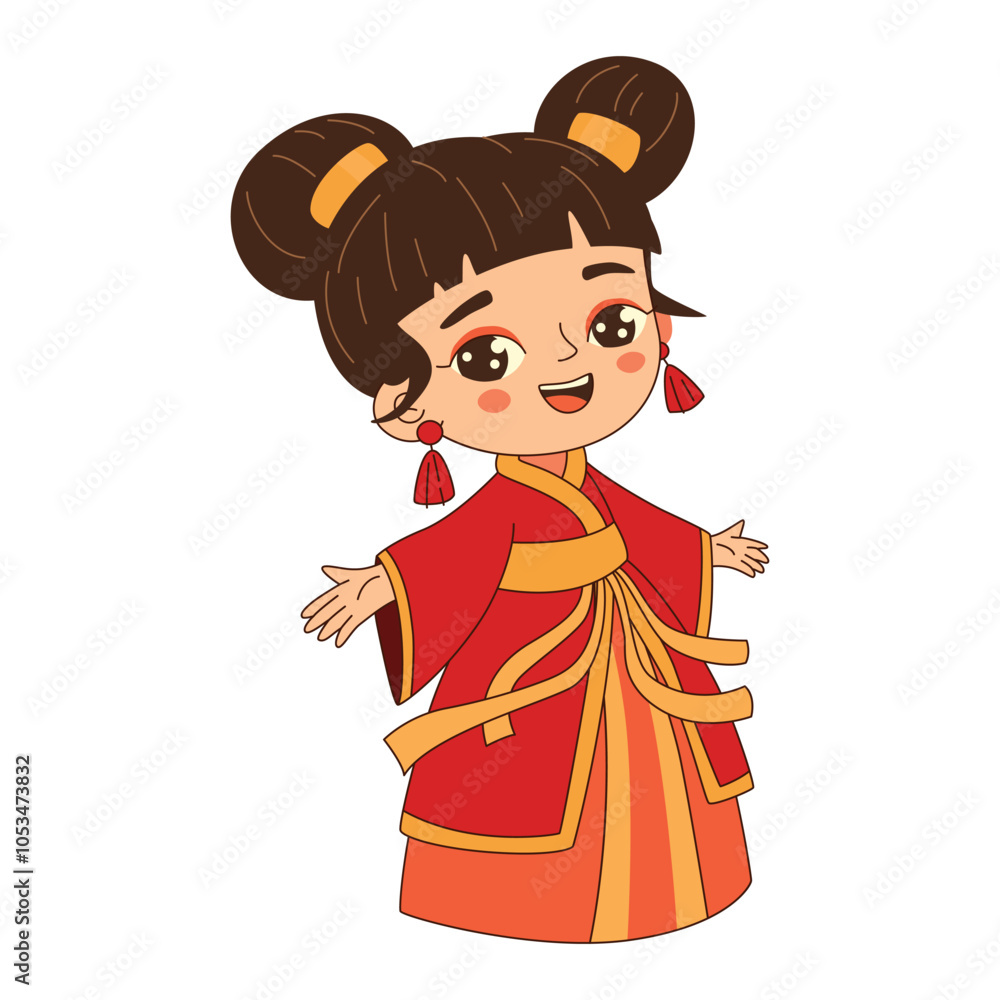 Cartoon cute chinese girl in ancient national costume. Chinese new year ...
