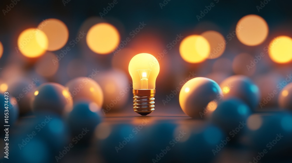 The Bright Idea: A single illuminated light bulb stands out amidst a ...