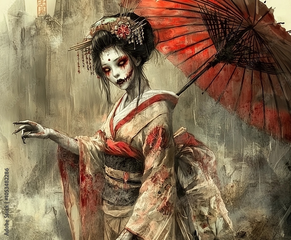 Zombie Geisha warrior with blood-streaked face, wielding a katana ...