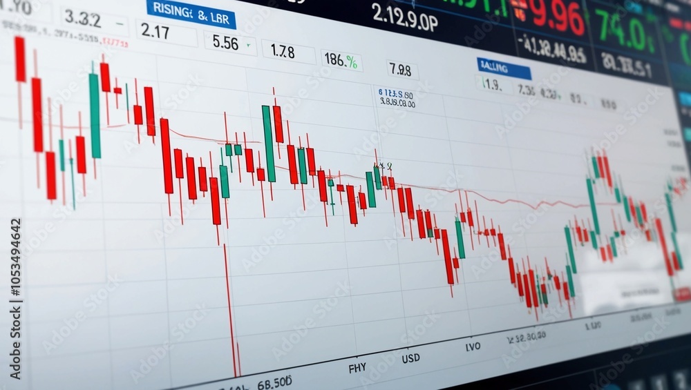 A detailed stock market chart with rising and falling graphs ...