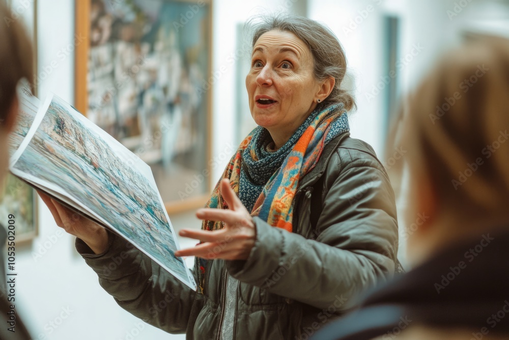 An engaging art guide leading a lively discussion about a captivating ...
