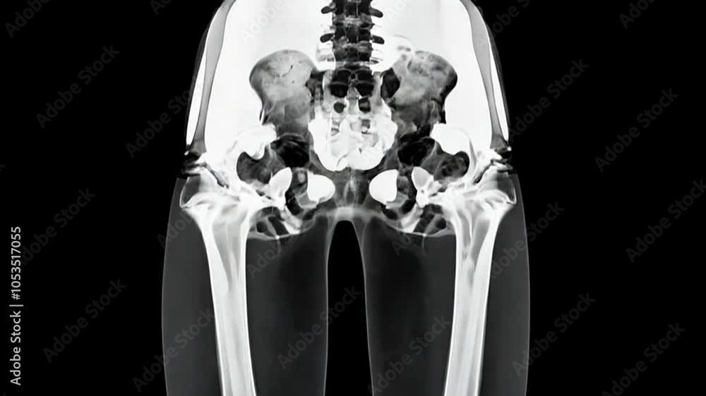 An X-ray displays the detailed skeletal structure of a human pelvis and ...