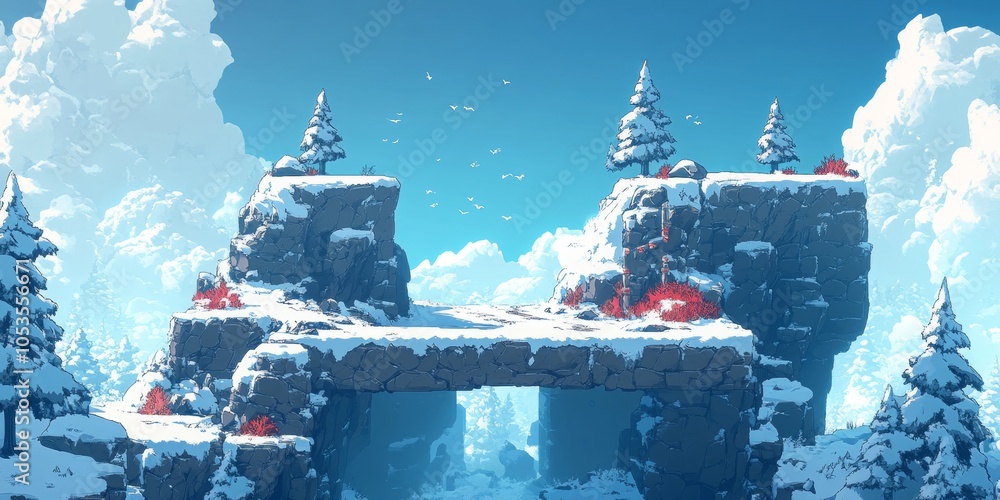 Snowy Mountain Adventure, 2D platformer level featuring flat rocky terrain, snow-capped ...