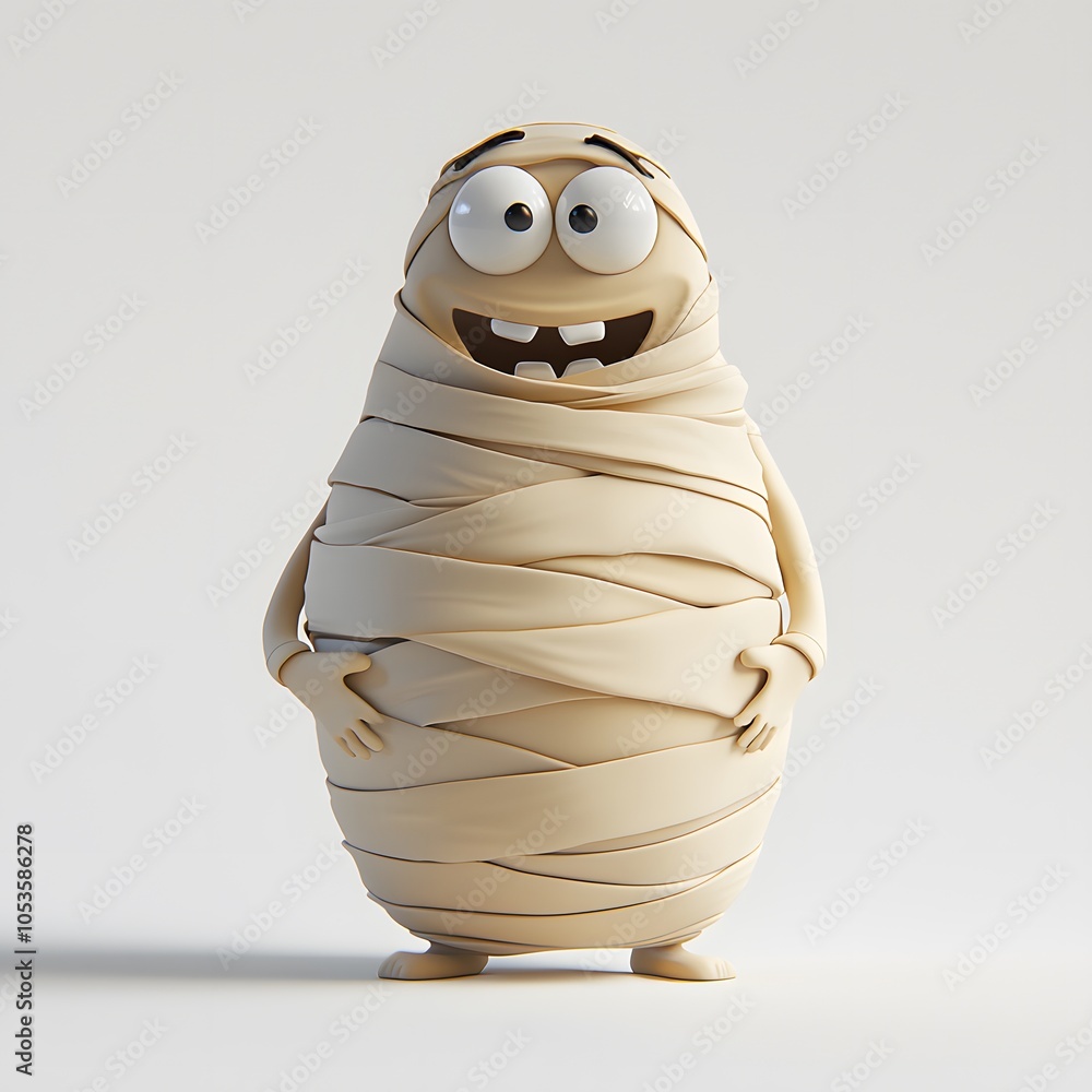 3D cartoon of a happy mummy with bandages wrapped around its body on a white background. Stock ...