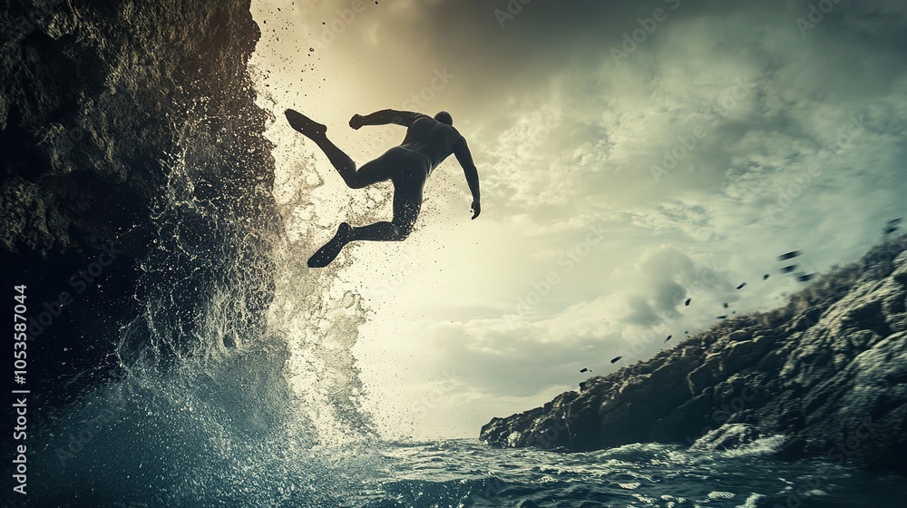 A daring cliff diver leaps into the ocean with splashes of water in a ...