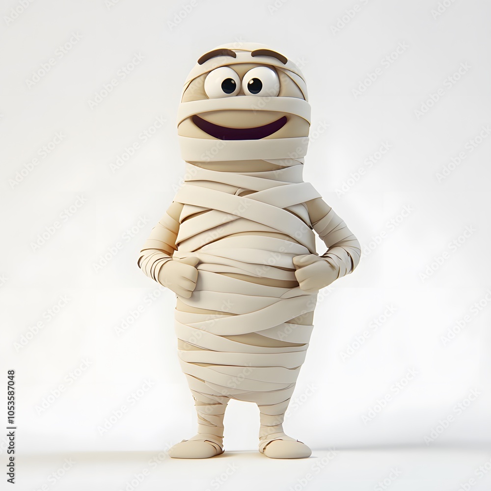 3D cartoon of a happy mummy with bandages wrapped around its body on a white background. Stock ...