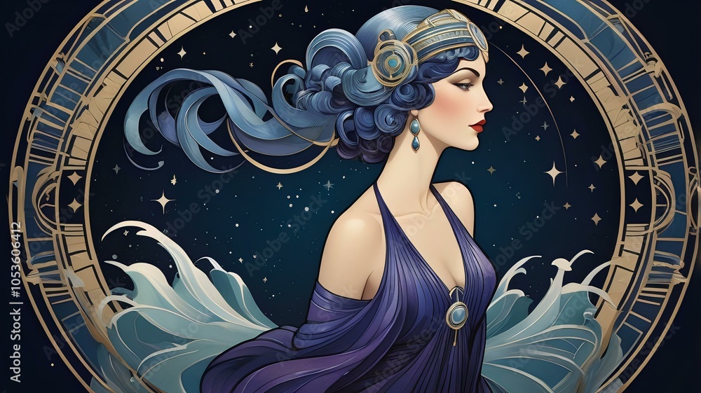 Aquarius Zodiac Astrology Symbol - Art Deco Water Bearer Illustration ...